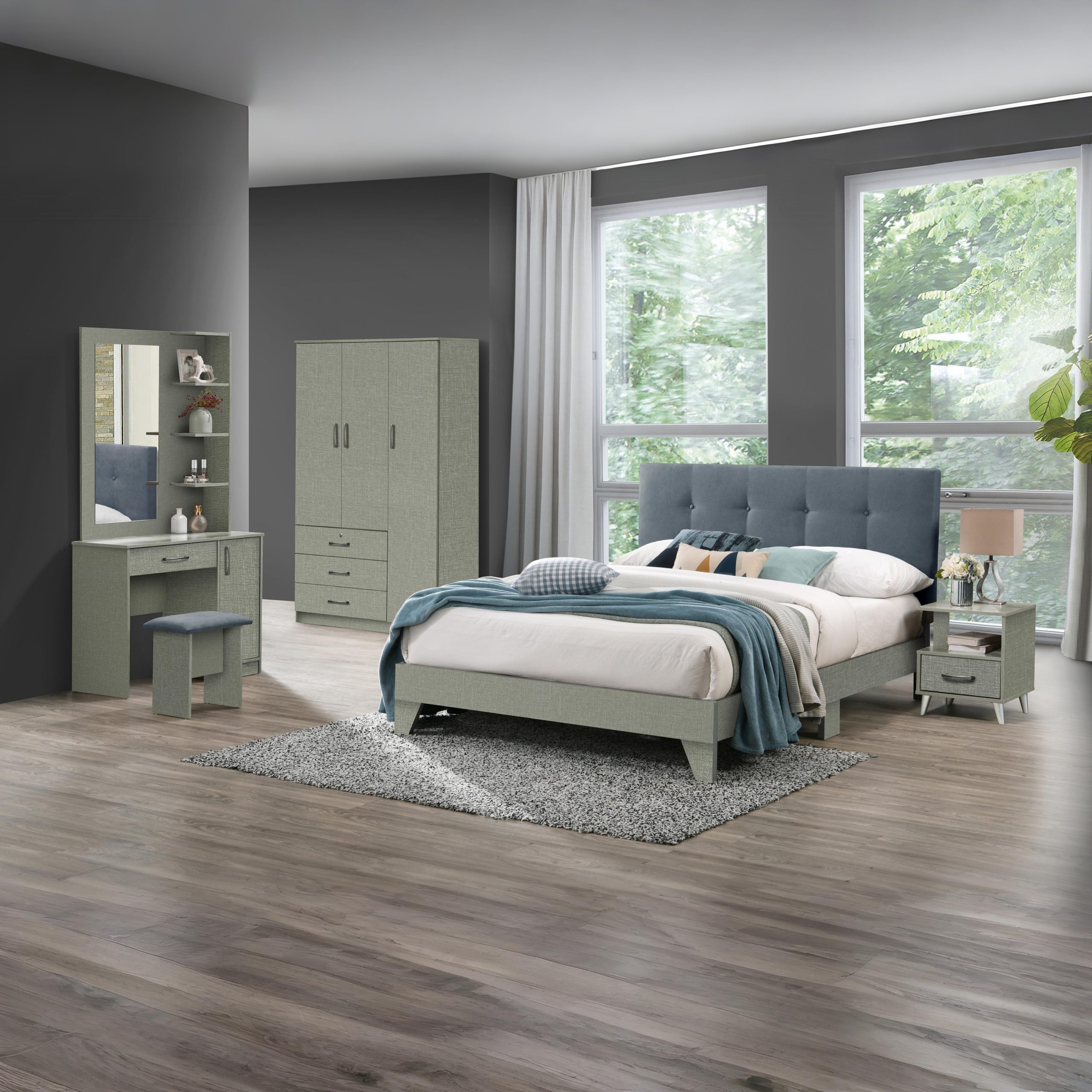 Agatha Bedroom Set (Wardrobe, Bedframe, Side Table &Vanity) - Homemaker